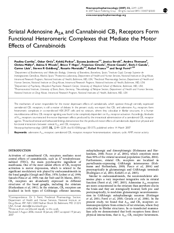 (PDF) Striatal Adenosine A2A and Cannabinoid CB1 Receptors Form ...