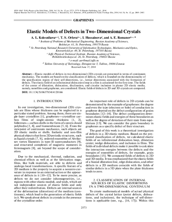 (PDF) Elastic models of defects in two-dimensional crystals | Irina Hussainova - Academia.edu