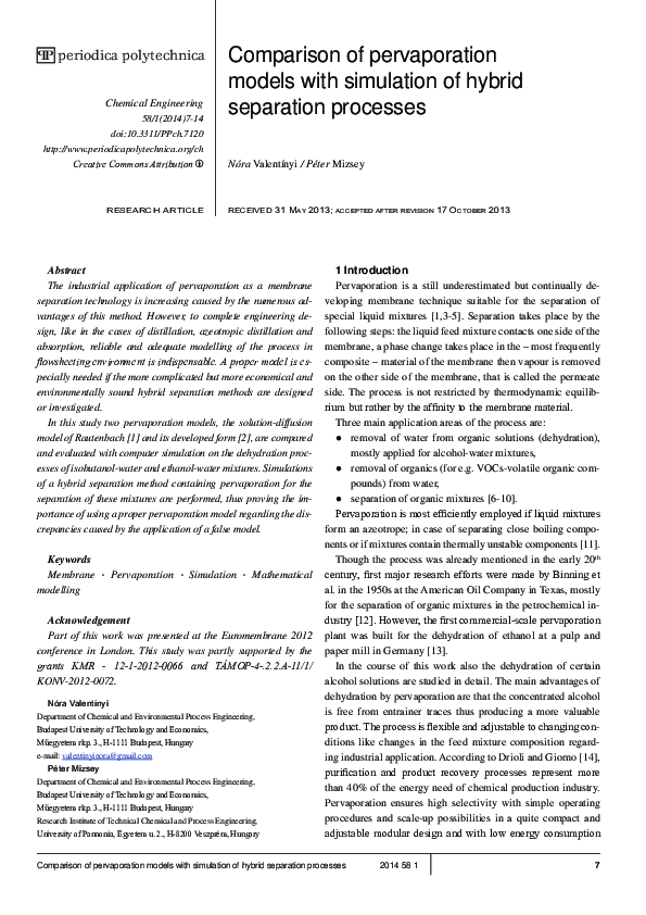 (PDF) Comparison of pervaporation models with simulation of hybrid ...