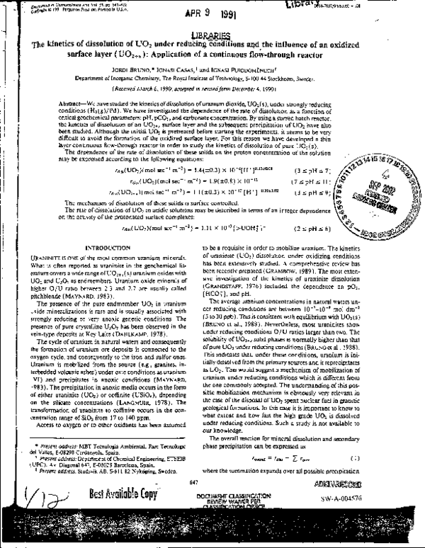 (PDF) The kinetics of dissolution of UO2 under reducing conditions and the influence of an ...