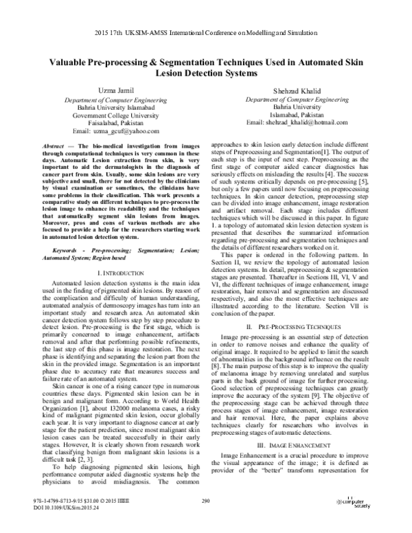 (PDF) Pre-processing & Segmentation Techniques Used in Automated Skin Lesion Detection Systems