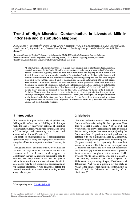 Trend of High Microbial Contamination in Livestock Milk in Indonesia ...