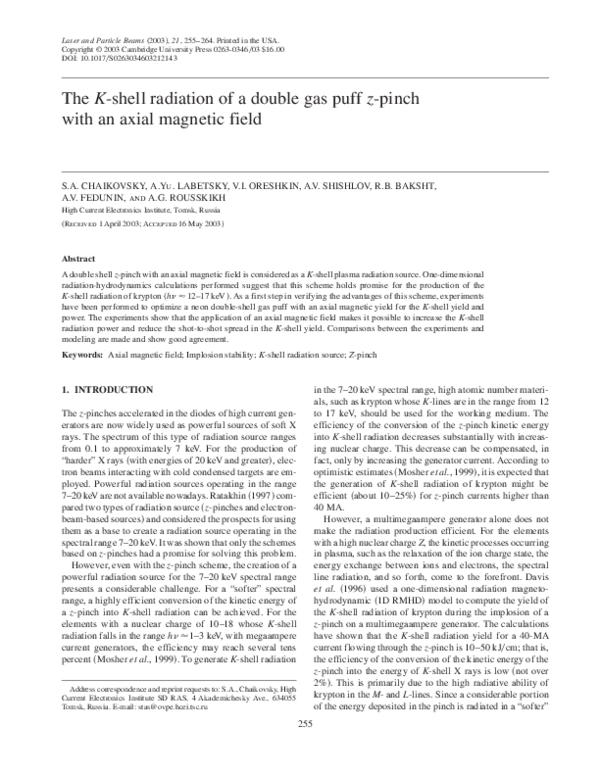 (PDF) The K-shell radiation of a double gas puff z-pinch with an axial magnetic field