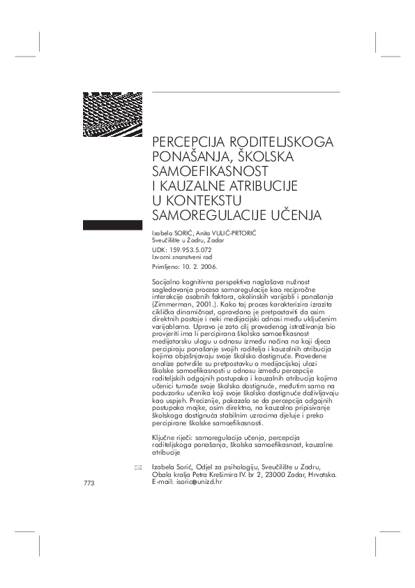 (PDF) Percepcija Roditeljskoga Ponašanja, Školska Samoefikasnost I ...