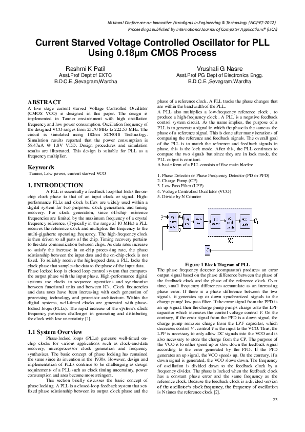 (PDF) Current Starved Voltage Controlled Oscillator for PLL Using 0.18m CMOS Process
