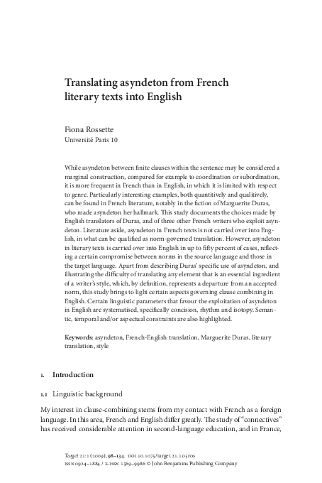 (PDF) Translating asyndeton from French literary texts into English