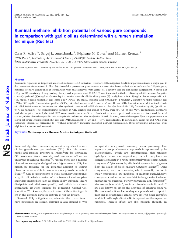 Ruminal methane inhibition potential of various pure compounds in ...
