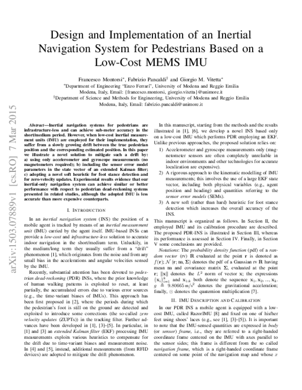 Pdf Design And Implementation Of An Inertial Navigation System For Pedestrians Based On A Low