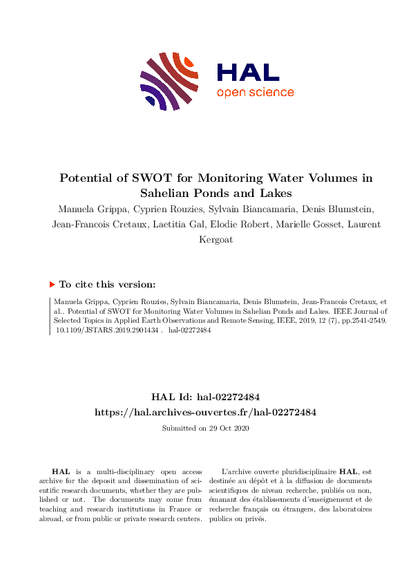 (PDF) Potential of SWOT for Monitoring Water Volumes in Sahelian Ponds ...