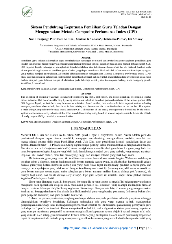 (PDF) Sistem Pendukung Keputusan Pemilihan Guru Teladan Dengan Menggunakan Metode Composite ...