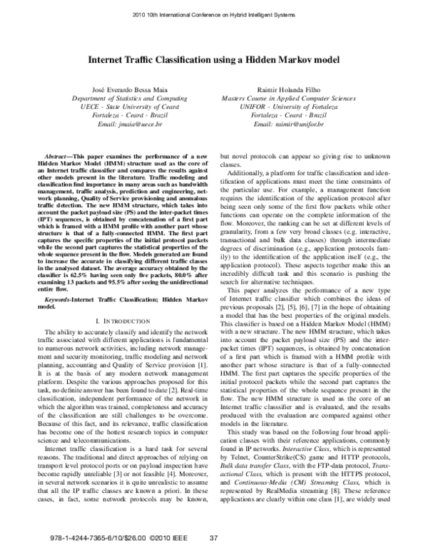 (PDF) Internet traffic classification using a Hidden Markov Model