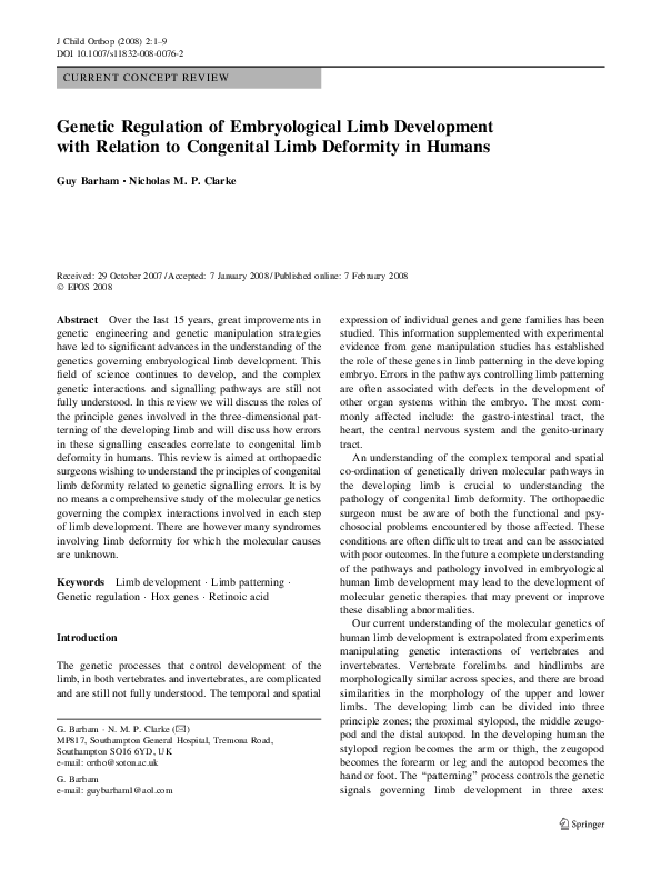 (PDF) Genetic Regulation of Embryological Limb Development with ...