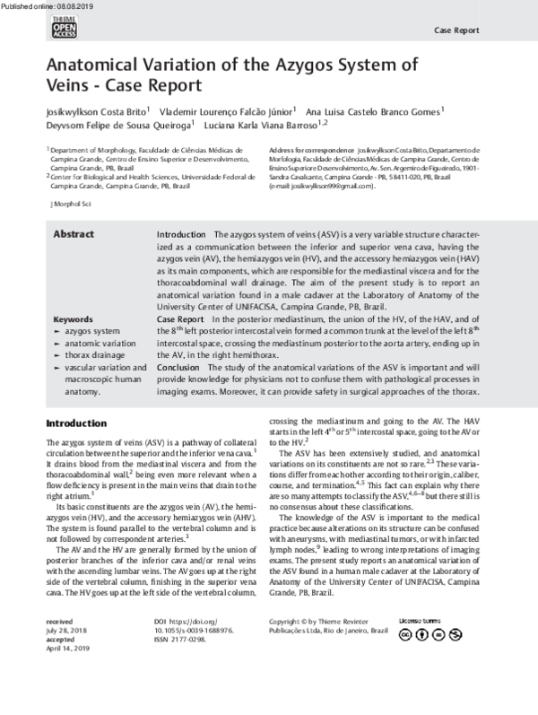 Pdf Anatomical Variation Of The Azygos System Of Veins Case Report