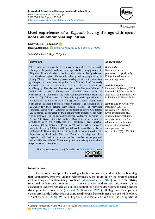 (PDF) Lived experiences of a Tagasalo having siblings with special needs: An educational implication