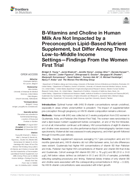 (PDF) B-Vitamins and Choline in Human Milk Are Not Impacted by a ...