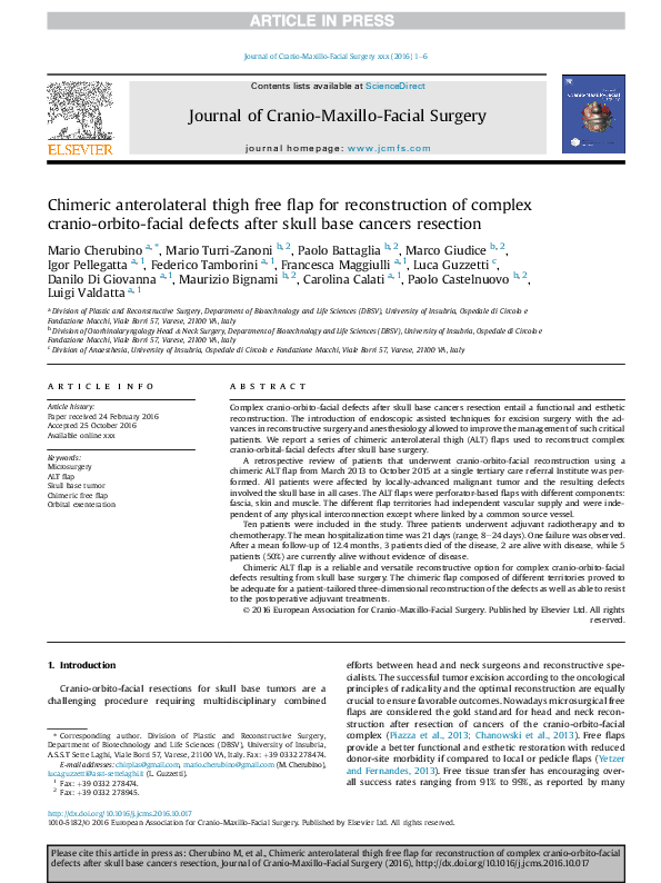 (PDF) Chimeric anterolateral thigh free flap for reconstruction of complex cranio-orbito-facial ...