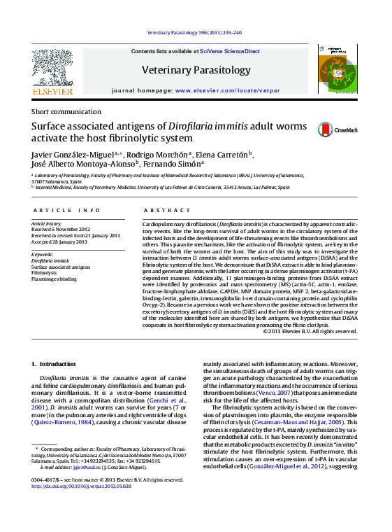 (PDF) Surface associated antigens of Dirofilaria immitis adult worms activate the host ...