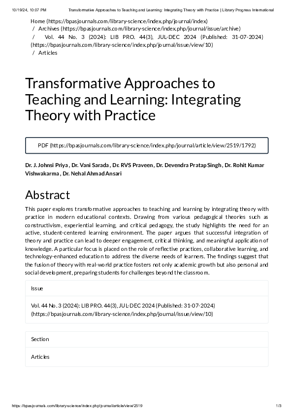 (PDF) Transformative Approaches to Teaching and Learning: Integrating Theory with Practice