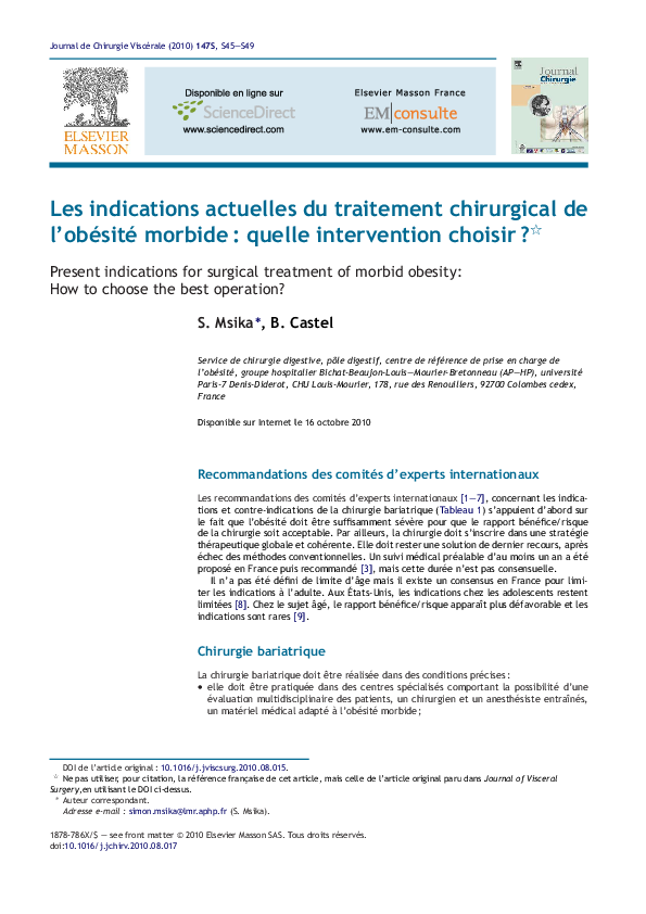 (PDF) Les indications actuelles du traitement chirurgical de l’obésité morbide : quelle ...