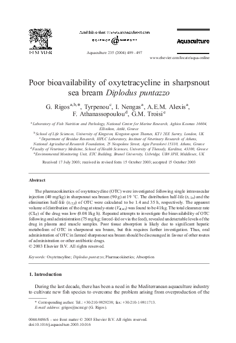 (PDF) Poor bioavailability of oxytetracycline in sharpsnout sea bream ...