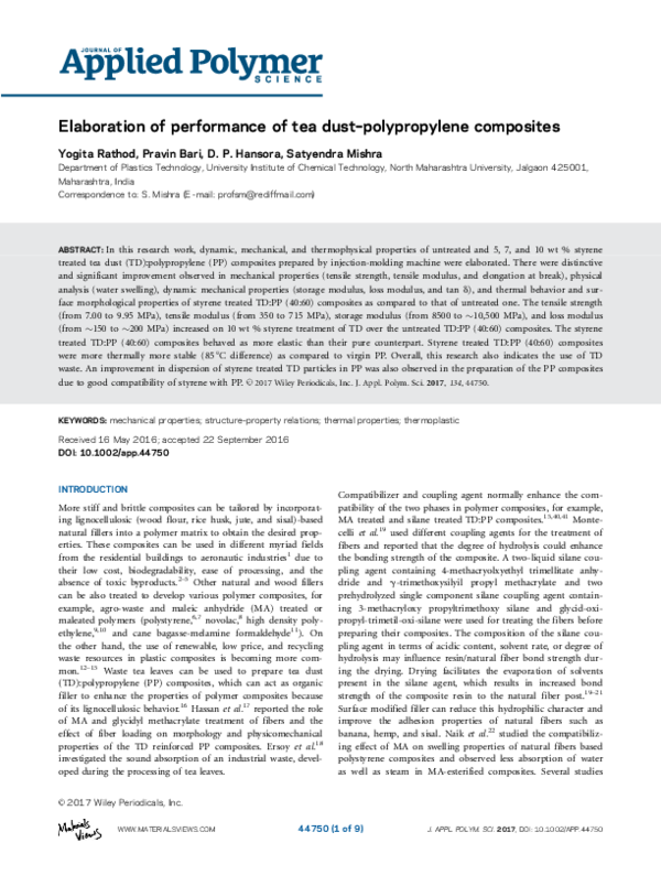 (PDF) Elaboration of performance of tea dust-polypropylene composites