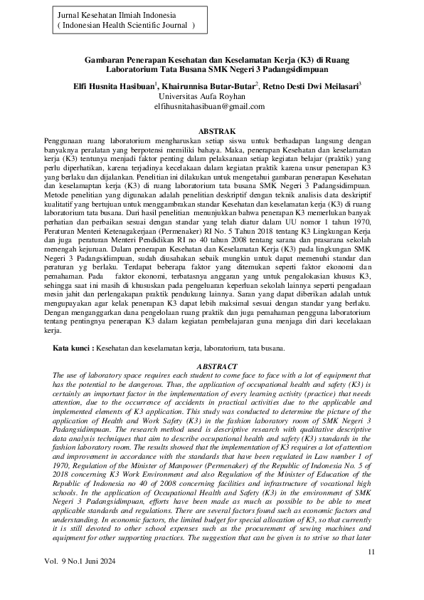 (PDF) Gambaran Penerapan Kesehatan dan keselamatan kerja (K3) di ruang ...