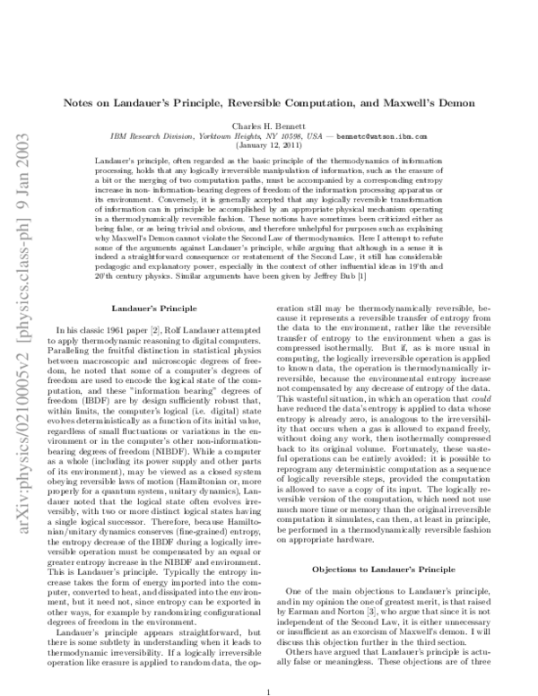 (PDF) Notes on Landauer's principle, Reversible Computation and Maxwell ...