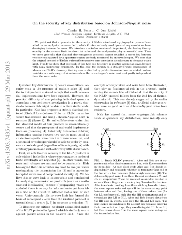 (PDF) On the security of key distribution based on Johnson-Nyquist noise