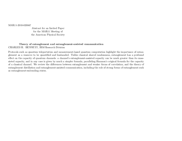 (PDF) Theory of entanglement and entanglement-assisted communication
