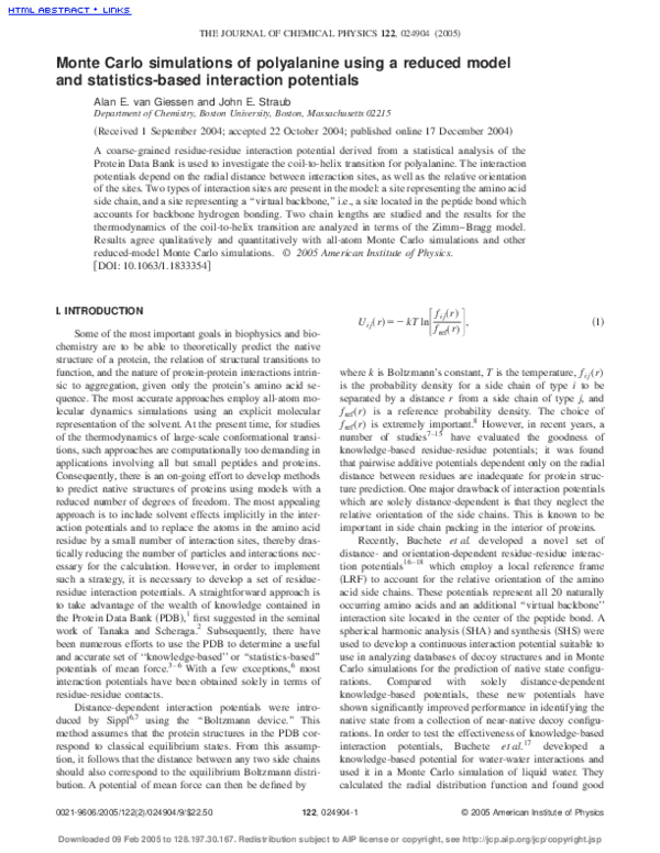 (PDF) Monte Carlo simulations of polyalanine using a reduced model and statistics-based ...