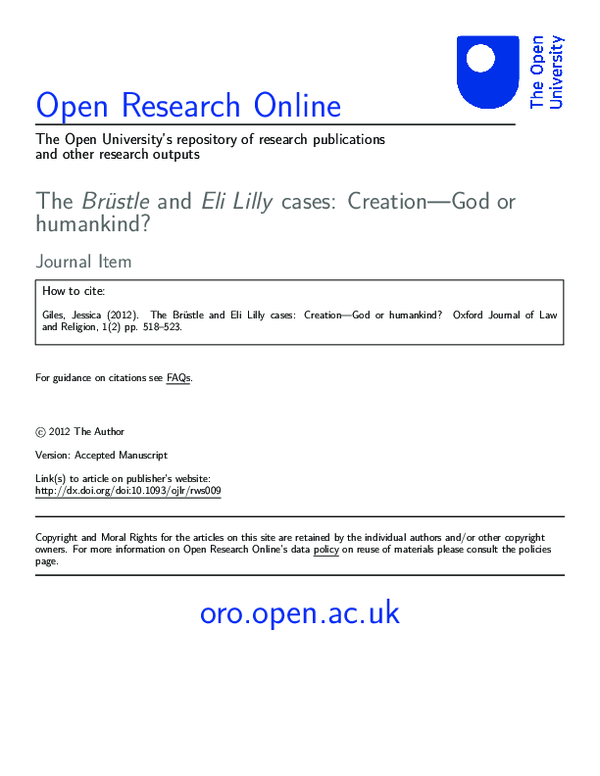 (PDF) The Brustle and Eli Lilly cases: Creation--God or humankind ...