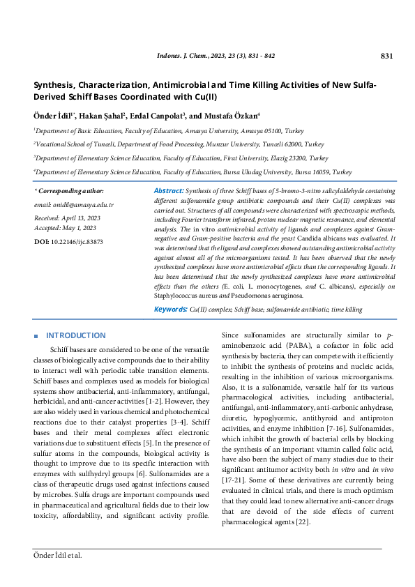 (PDF) Synthesis, Characterization, Antimicrobial and Time Killing Activities of New Sulfa ...