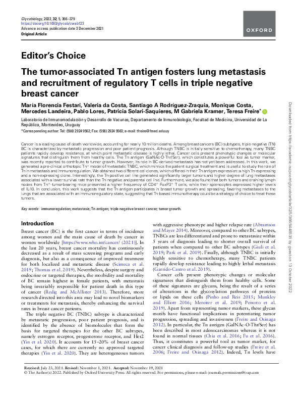 (PDF) The tumor-associated Tn antigen fosters lung metastasis and ...