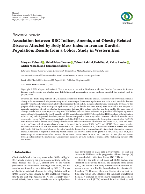 (PDF) Association between RBC Indices, Anemia, and Obesity-Related ...
