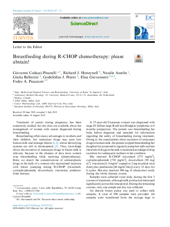 (PDF) Breastfeeding during R-CHOP chemotherapy: please abstain!