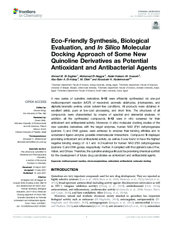(PDF) Eco-Friendly Synthesis, Biological Evaluation, and In Silico Molecular Docking Approach of ...
