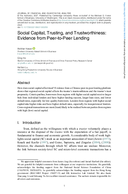 (PDF) Social Capital, Trusting, and Trustworthiness: Evidence from Peer ...