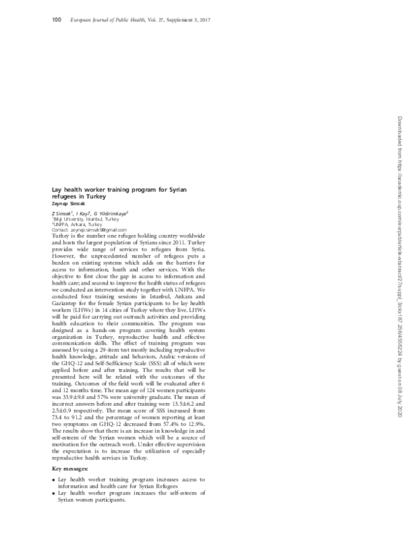 (PDF) Lay health worker training program for Syrian refugees in Turkey