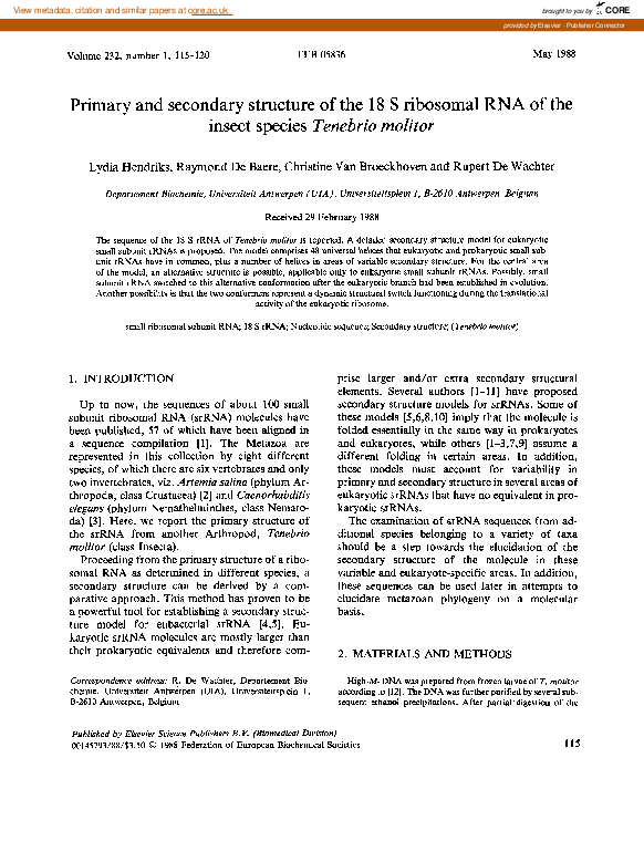 (PDF) Primary and secondary structure of the 18 S ribosomal RNA of the ...