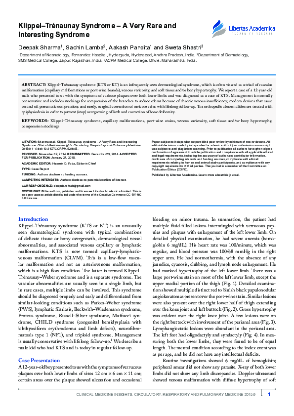 (PDF) Klippel–Trénaunay Syndrome – A Very Rare and Interesting Syndrome