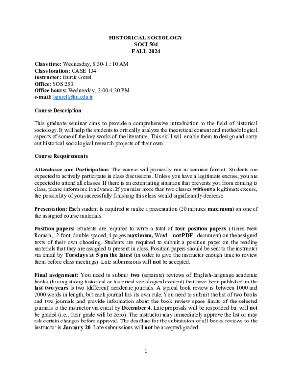 (PDF) Historical Sociology_Fall 2024_Syllabus