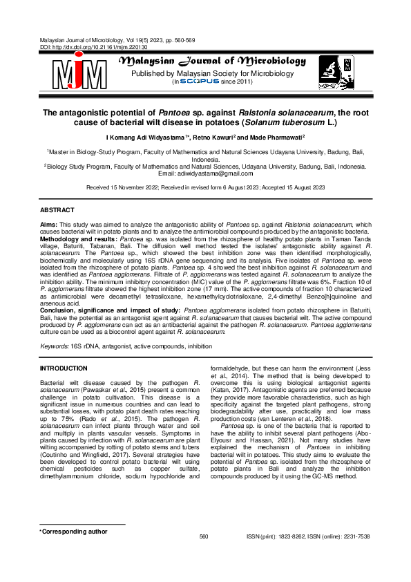 (PDF) The antagonistic potential of Pantoea sp. against Ralstonia ...
