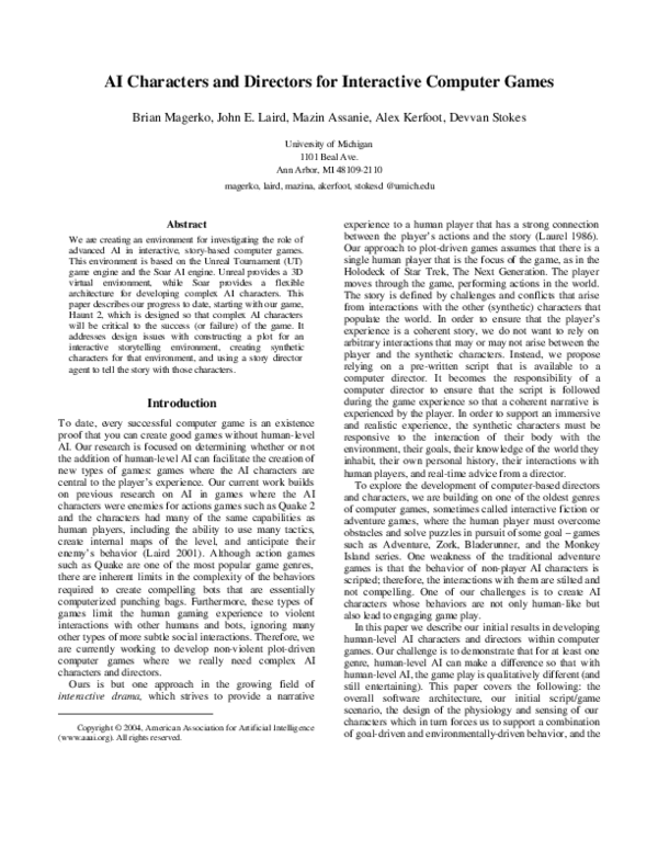 (PDF) AI characters and directors for interactive computer games