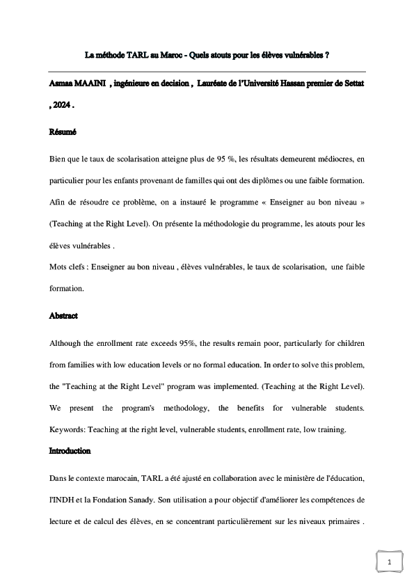(PDF) La méthode TARL au Maroc - Quels atouts pour les élèves vulnérables