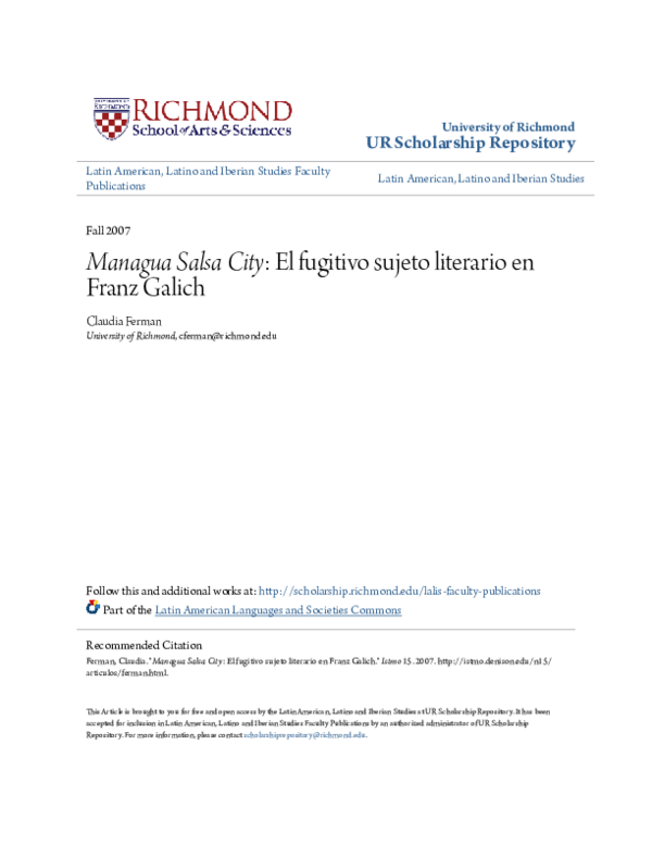 (PDF) Managua Salsa City : El fugitivo sujeto literario en Franz Galich