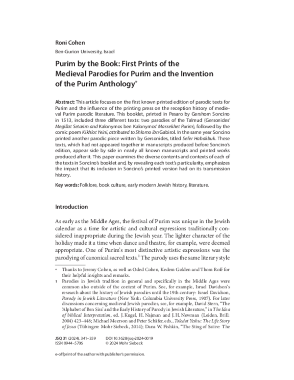 (PDF) Purim by the Book: First Prints of the Medieval Parodies for ...