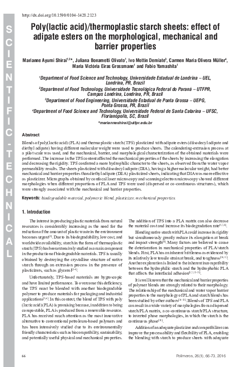 (PDF) Poly(lactic acid)/thermoplastic starch sheets: effect of adipate esters on the ...