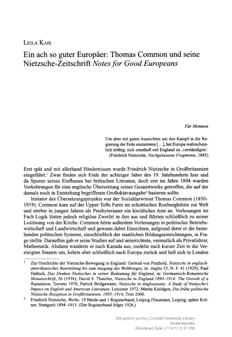 (PDF) Ein ach so guter Europäer: Thomas Common und seine Nietzsche ...