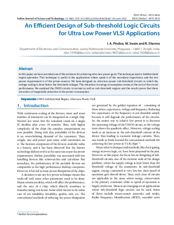 (PDF) An Efficient Design of Sub-threshold Logic Circuits for Ultra Low ...
