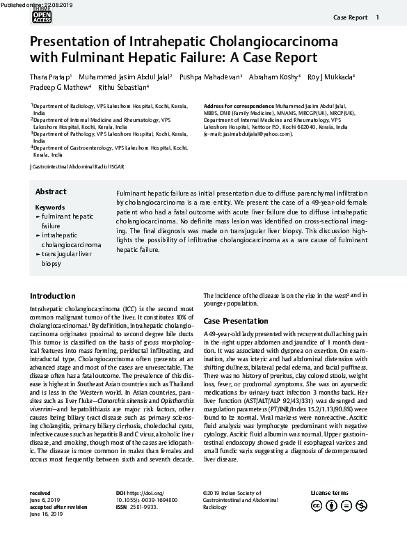 (PDF) Presentation of Intrahepatic Cholangiocarcinoma with Fulminant Hepatic Failure: A Case ...